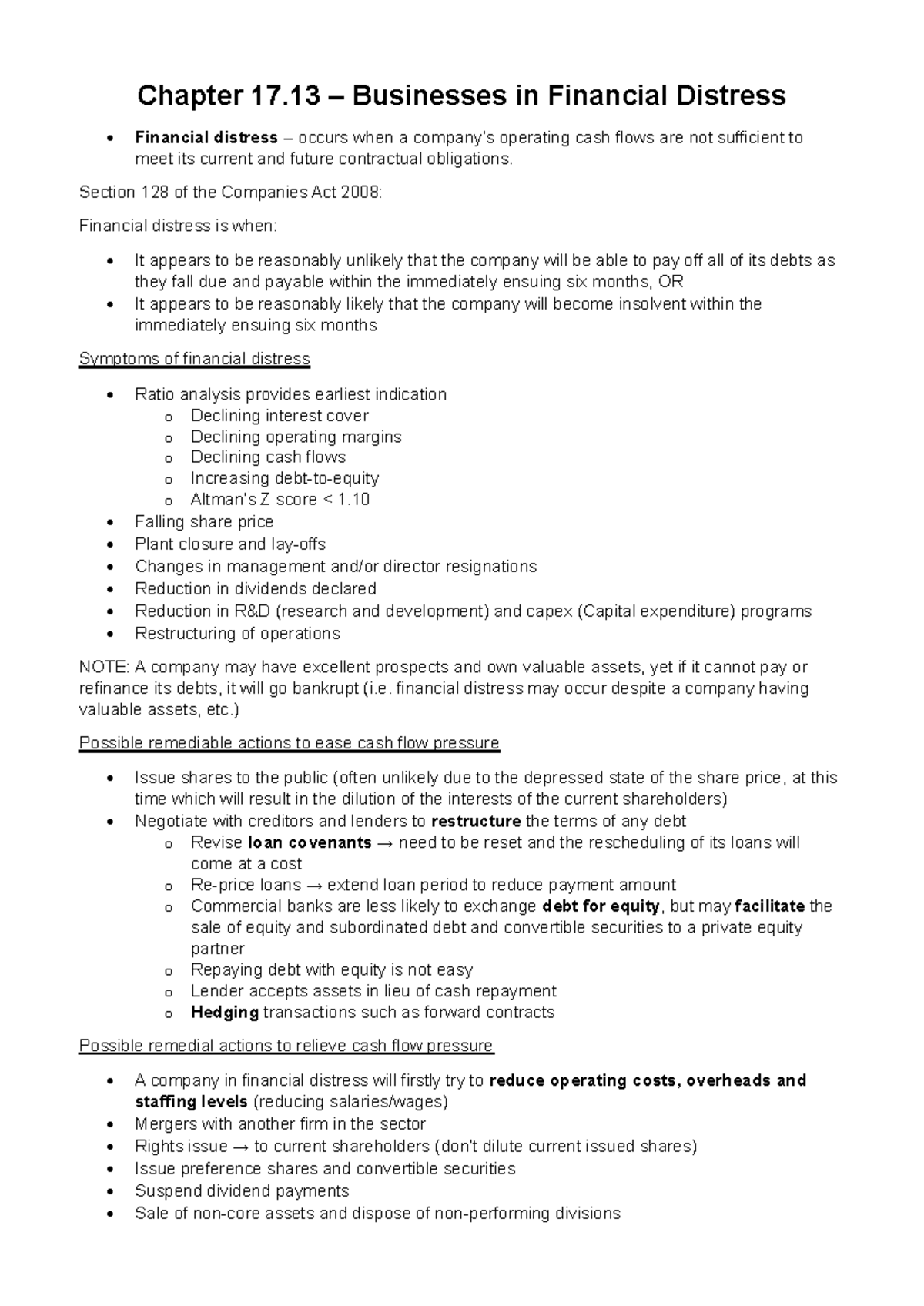 Business Rescue Notes: Chapter 6 & Financial Distress Analysis - Studocu