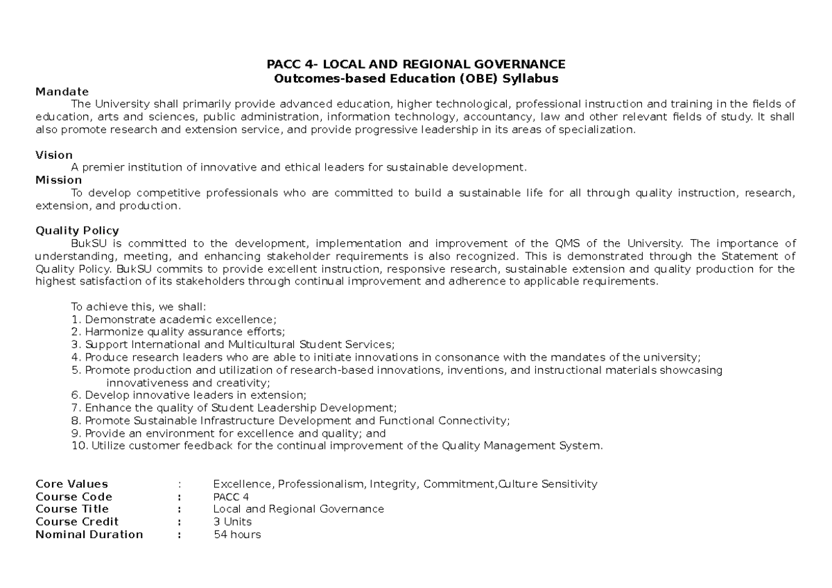 PACC 4 OBE Syllabus: Local and Regional Governance Overview - Studocu