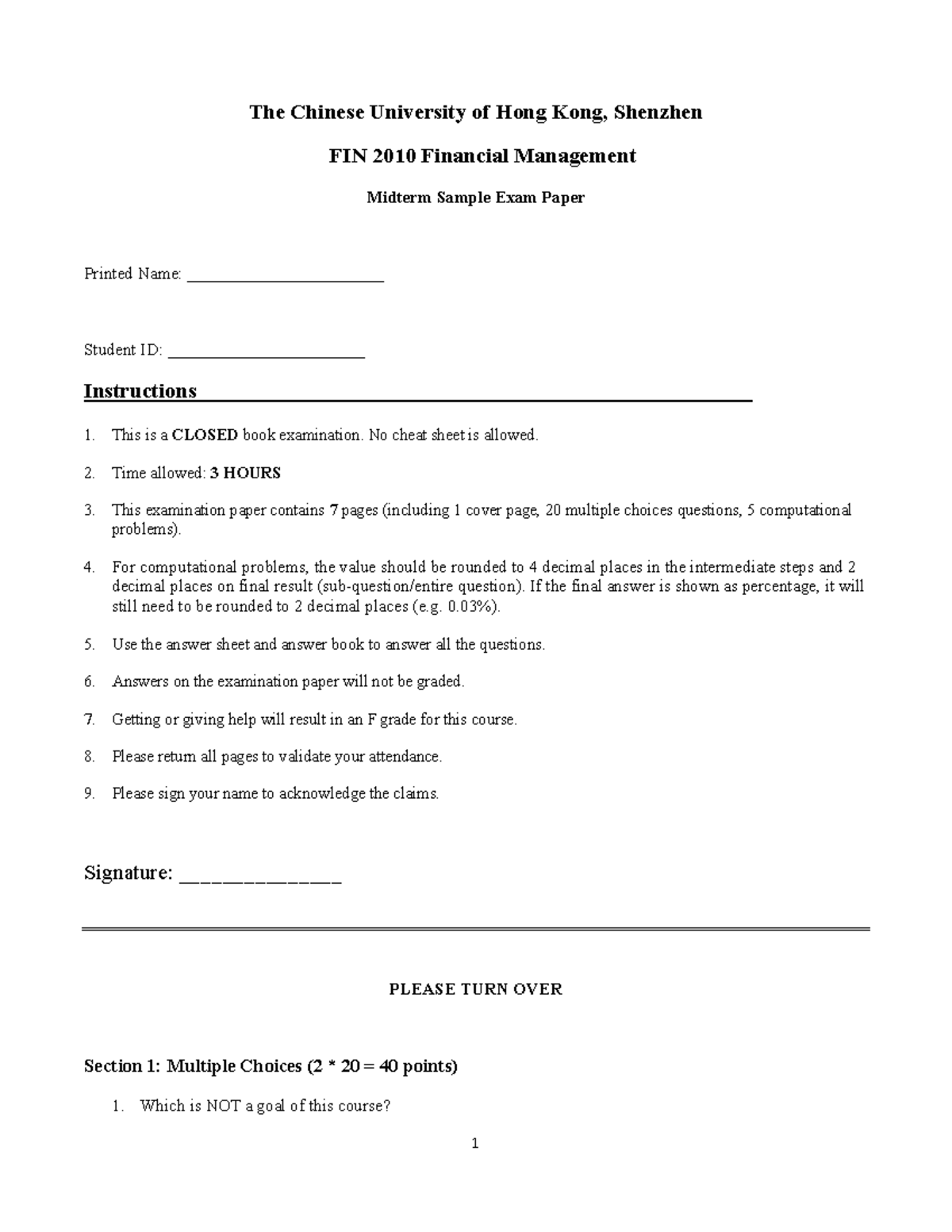 FIN 2010 Financial Management Midterm Sample Exam Paper - Studocu