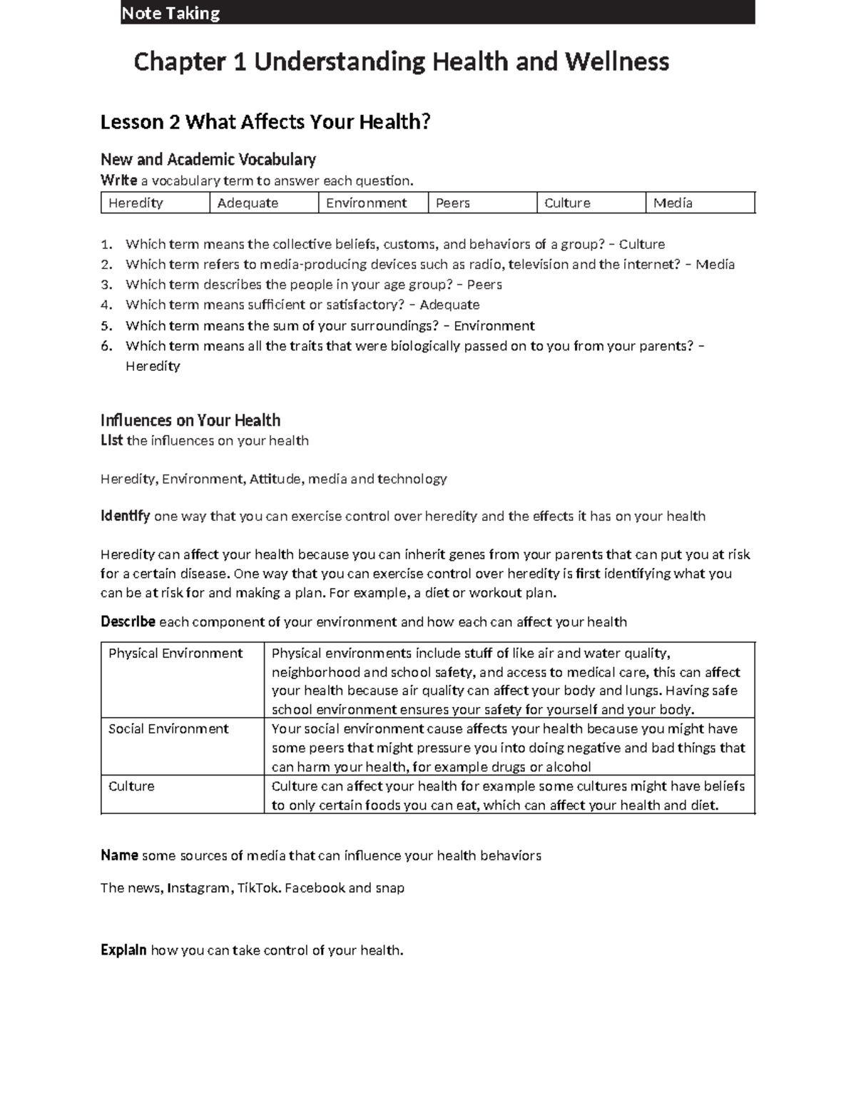 Health & Wellness 1.2 Lesson: Influences on Your Health Vocabulary ...