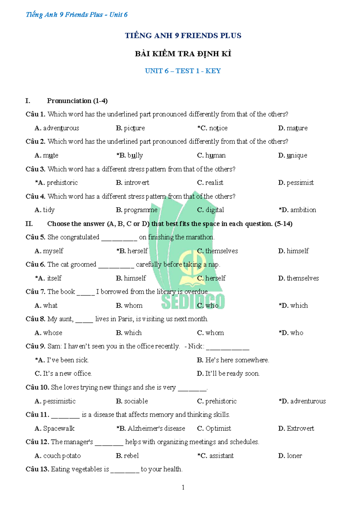 TIẾNG ANH 9 FRIENDS PLUS UNIT 6 TEST 1 ANSWER KEY - Studocu