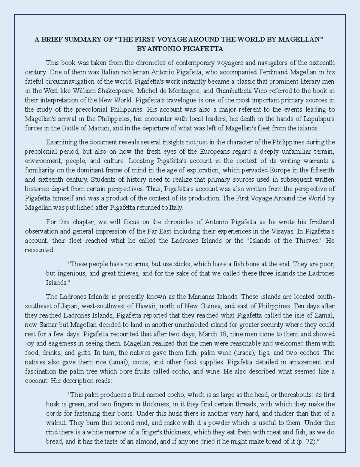 The First Voyage Around the World (HIST 101): Summary of Pigafetta's ...
