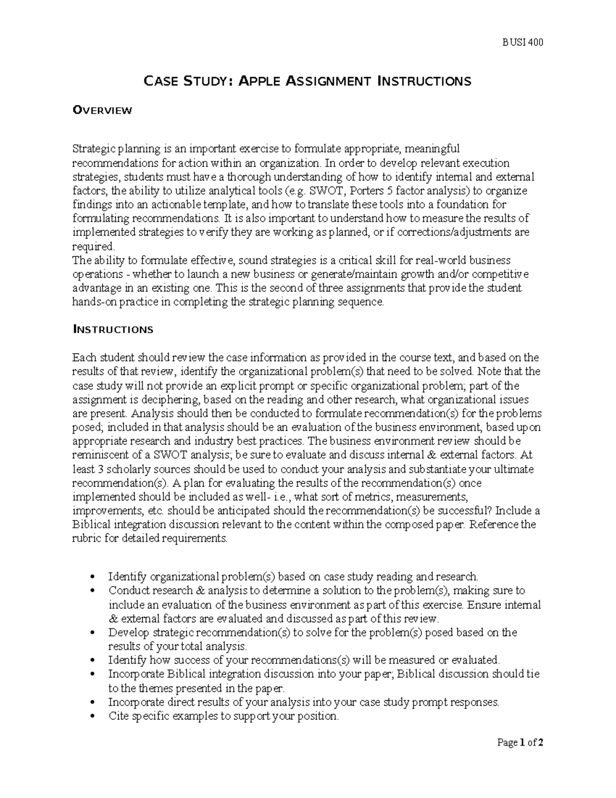 BUSI 400 Case Study: Apple Assignment Guidelines for Strategic Planning ...