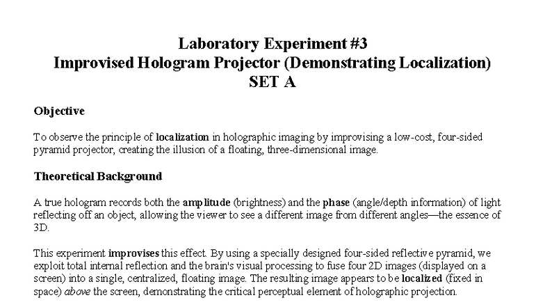 Laboratory Experiment: Improvised Hologram Projector SET A & B - Studocu