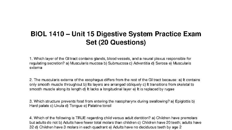 BIOL 1410 Unit 15 Digestive System Practice Exam (20 Qs) - Studocu