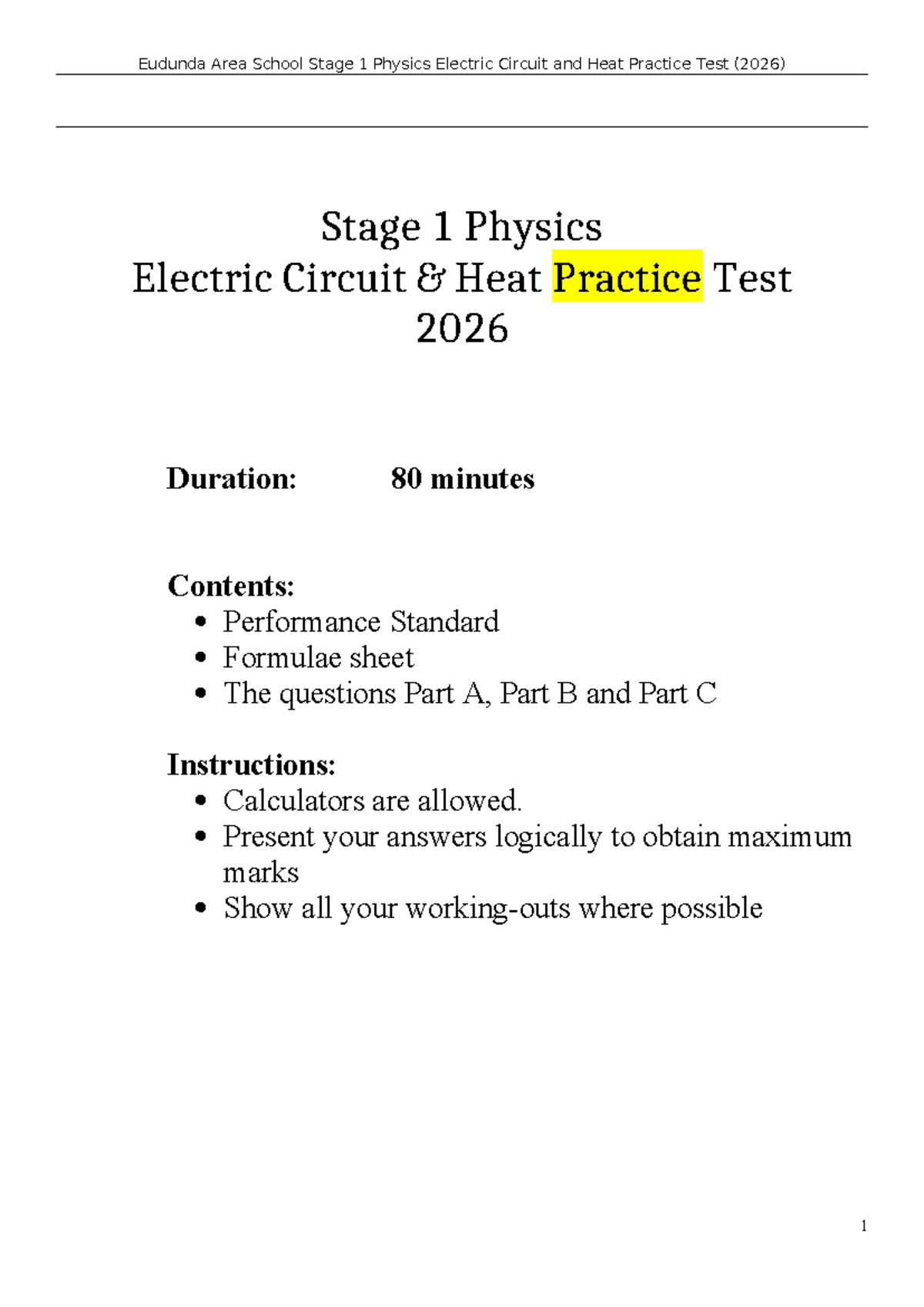 Eudunda Area School Stage 1 Physics Electric Circuit & Heat Practice ...
