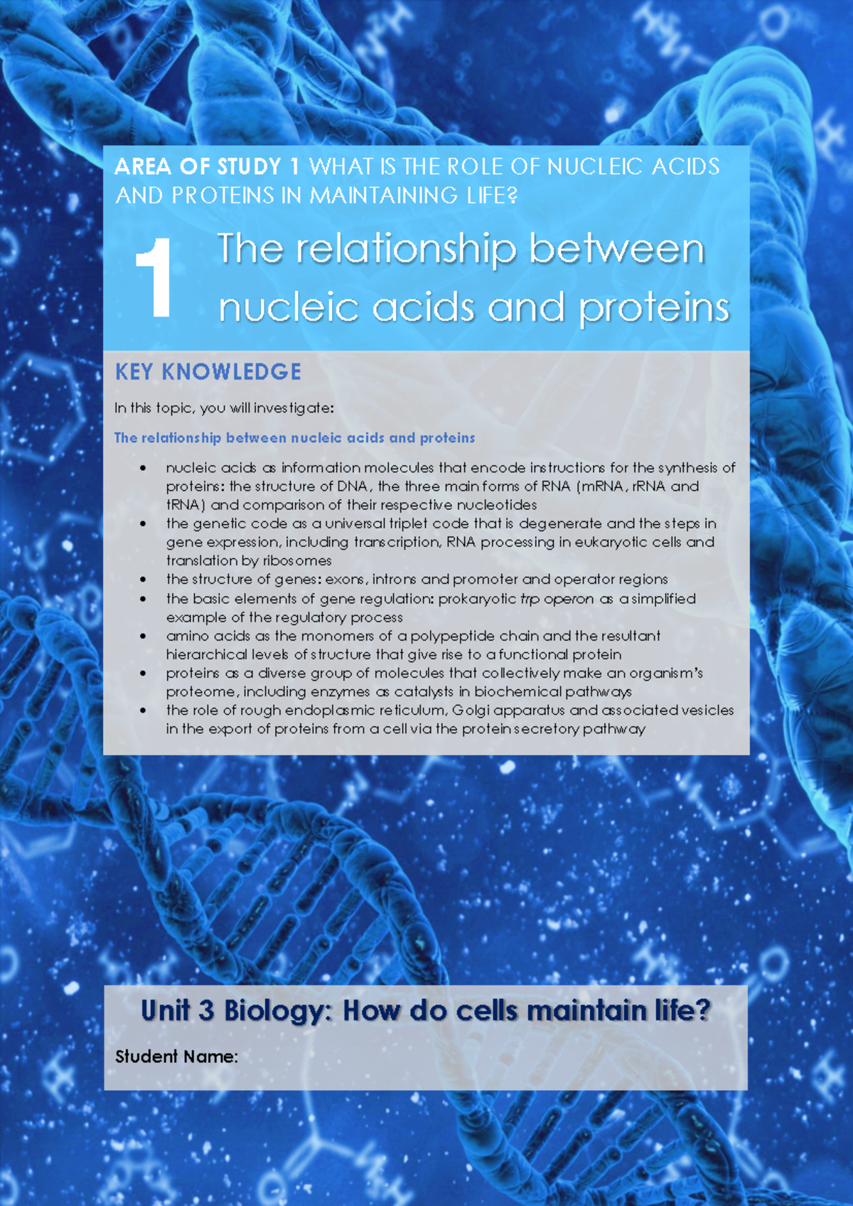 Unit 3 Biology: Nucleic Acids and Proteins Overview - Studocu