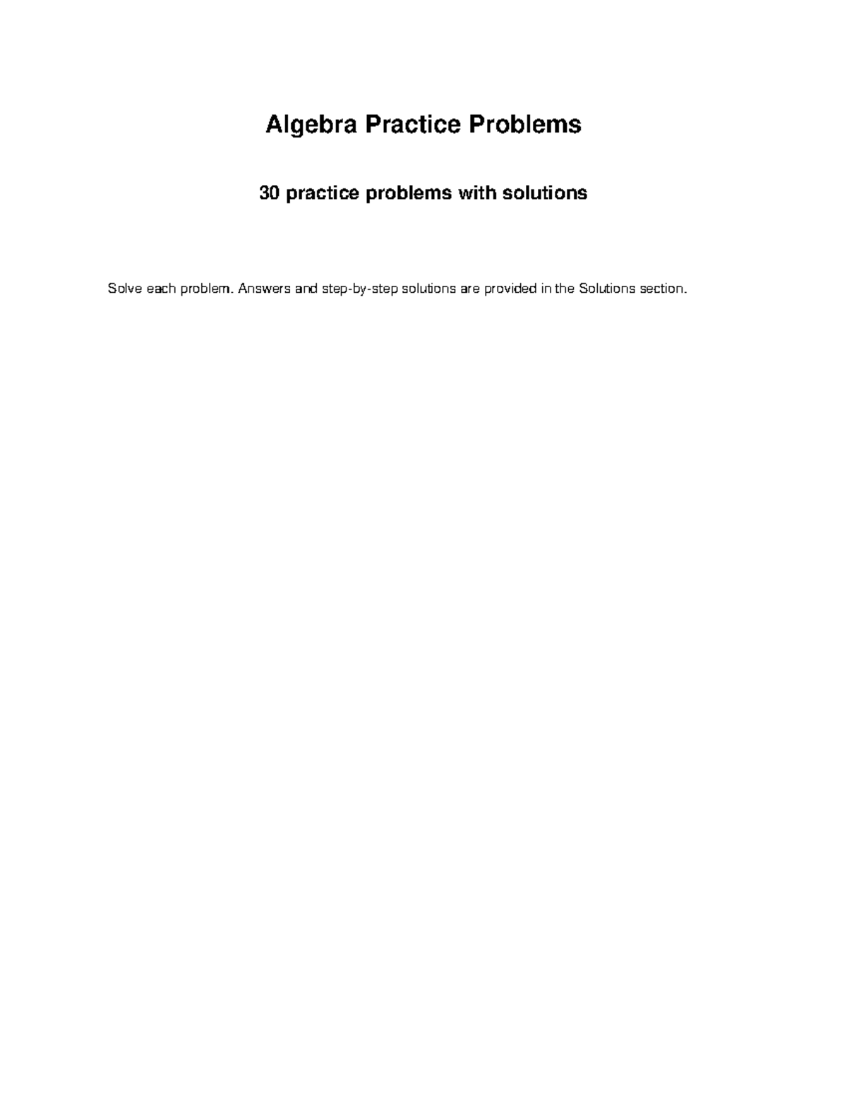 Algebra Practice Problems with Solutions: 30 Exercises - Studocu