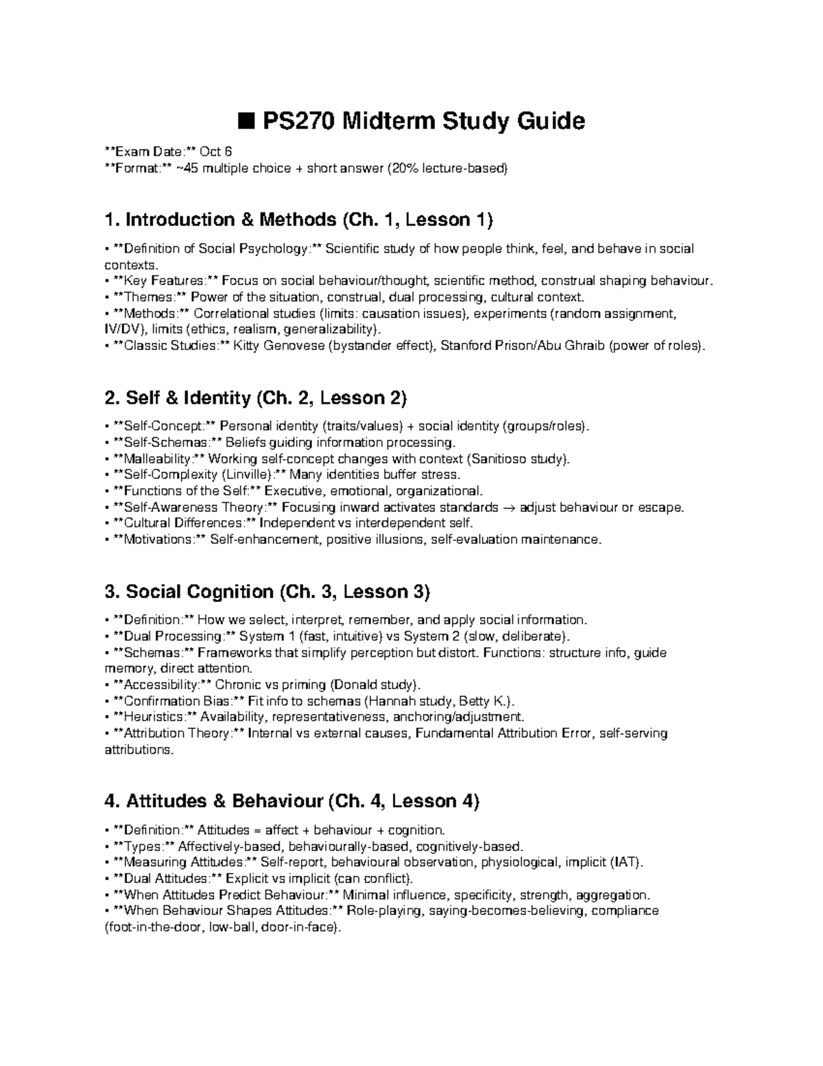 PS270 Midterm Study Guide: Social Psychology Concepts & Methods - Studocu