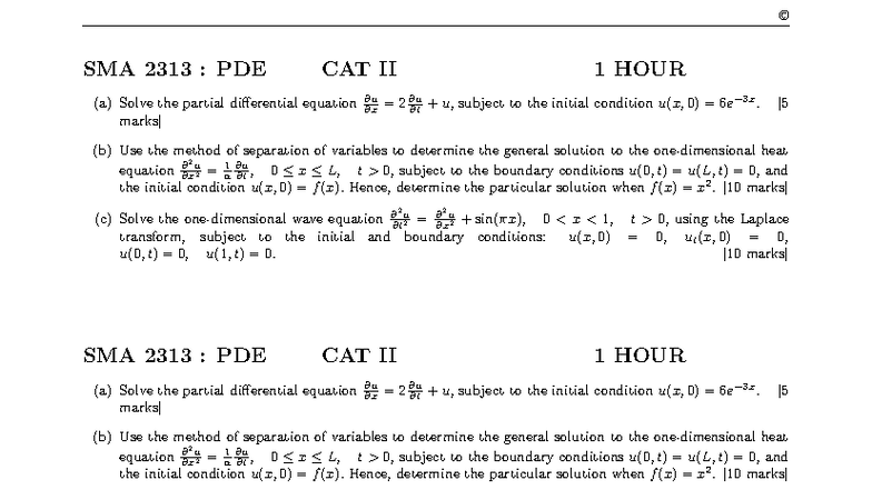SMA 2313: PDE CAT II - Solutions to Heat & Wave Equations - Studocu