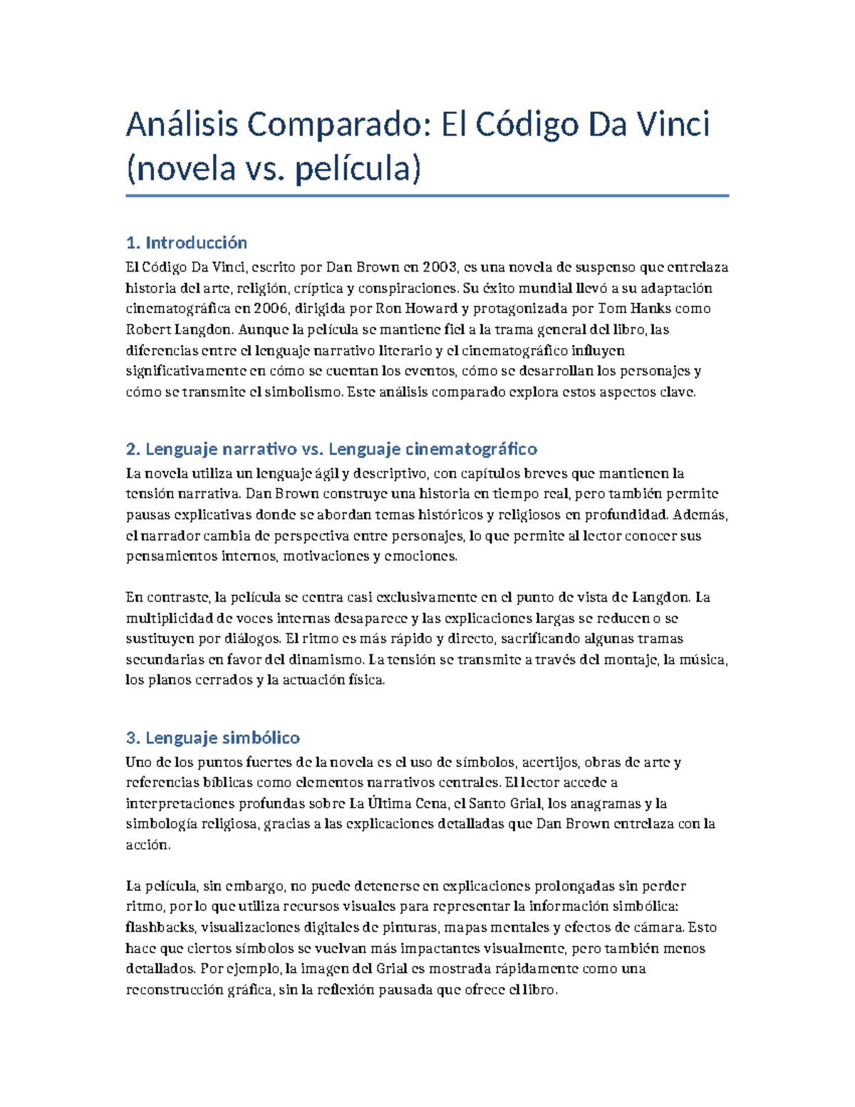 Análisis Comparado: El Código Da Vinci (Novela vs. Película) - Studocu