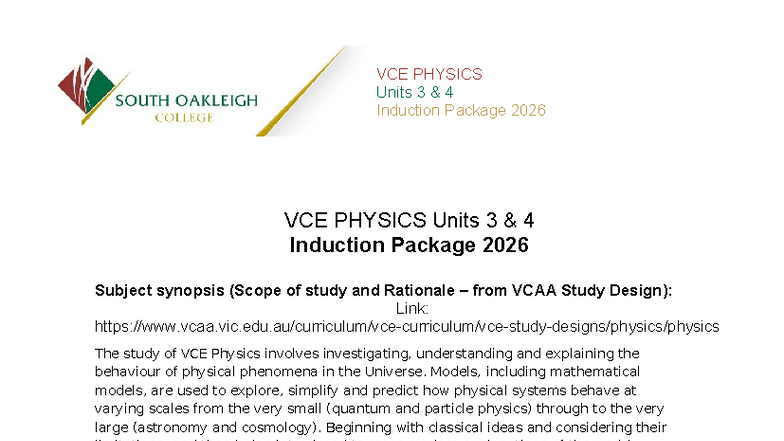 VCE PHYSICS Units 3 & 4 Induction Package 2026 Overview - Studocu
