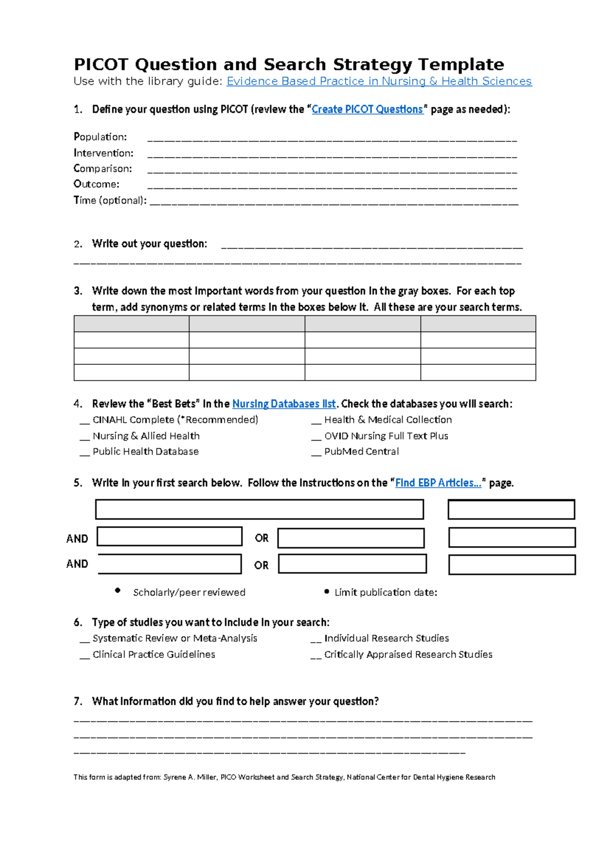 PICOT Question & Search Strategy Template for EBP in Nursing - Studocu