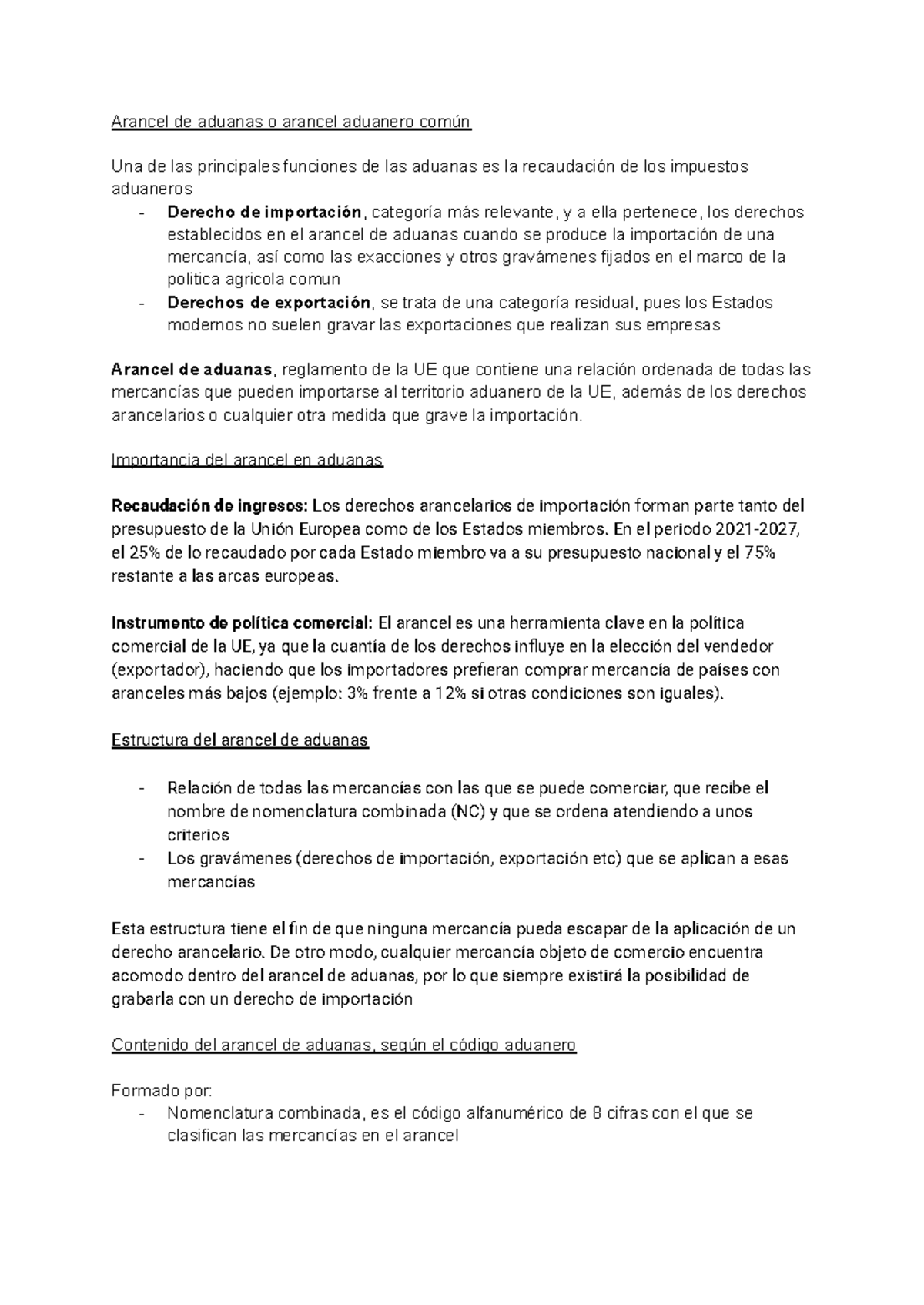 Apt Exam Tema 5: Arancel de Aduanas y su Estructura - Studocu