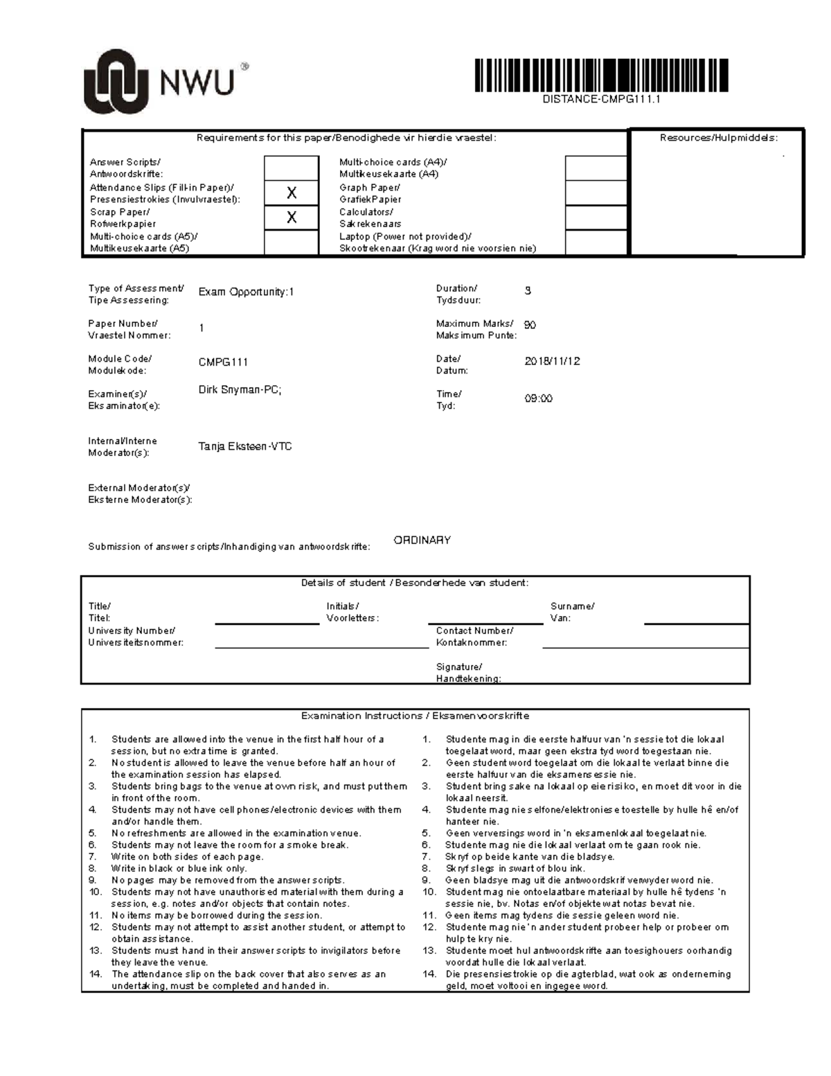 CMPG111: 2018 Final Exam Paper Resources and Instructions - Studocu