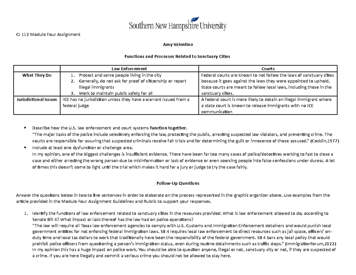 CJ 112 Module Four Assignment: Analyzing Law Enforcement & Courts in ...