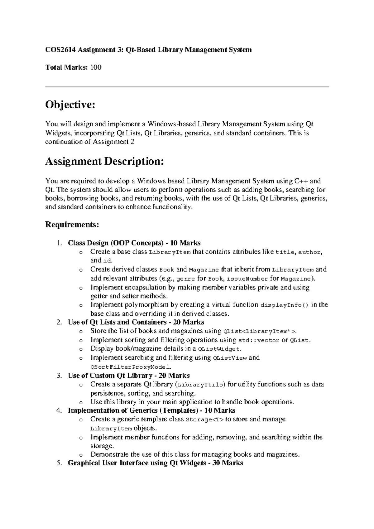 COS2614 Assignment 3: Designing a Qt-Based Library Management System - Studocu