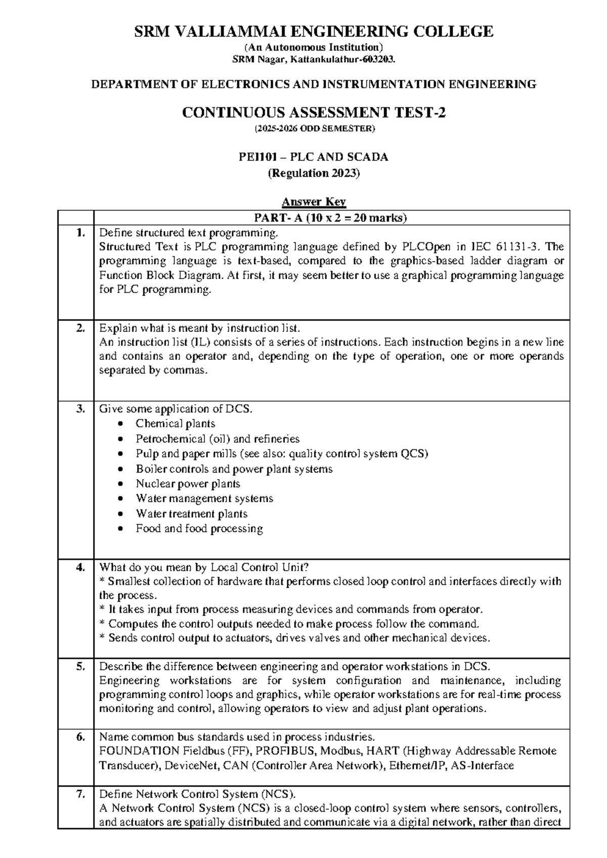 CAT2 SET 1 Answer Key - PLC and SCADA (PEI101) Continuous Assessment ...