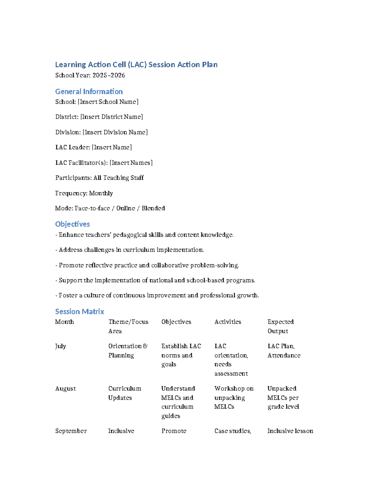 LAC Session Action Plan SY 2025-2026: Monthly Objectives & Activities ...