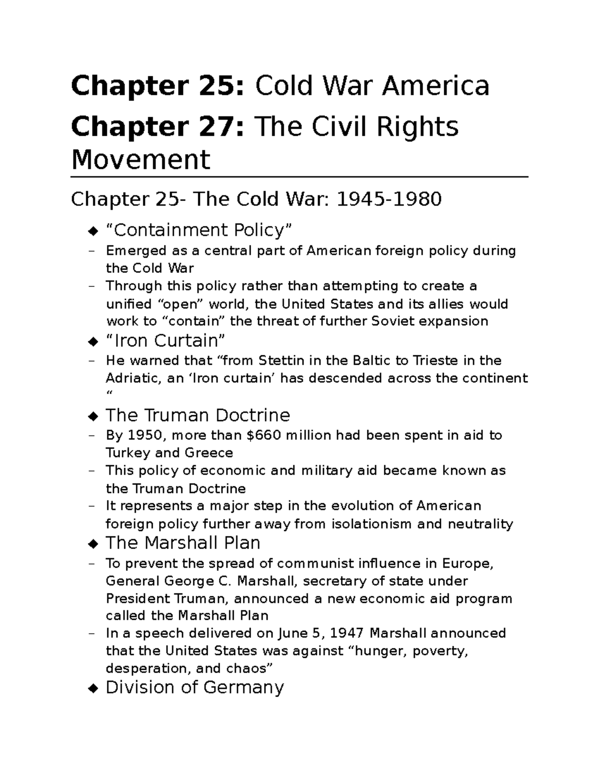Unit 5 Ch 25&27 - Just lecture notes - Chapter 25: Cold War America ...