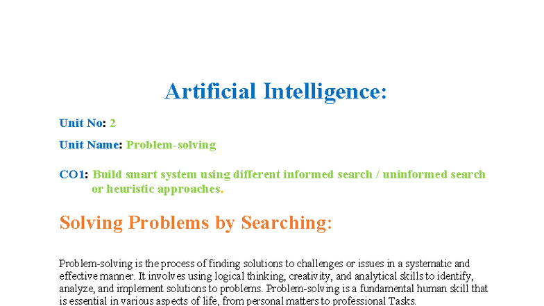 AI Techniques: Problem Solving & Search Strategies (Unit 2: CO1) - Studocu