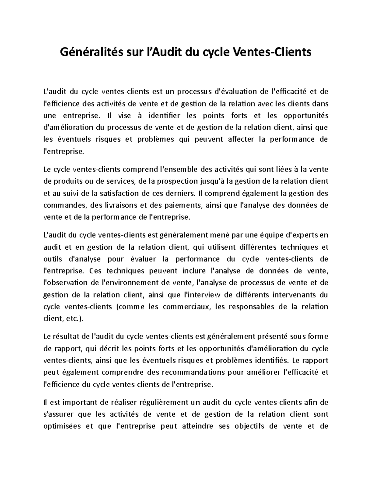 Généralités sur l'Audit du Cycle Ventes-Clients - Étude Approfondie ...