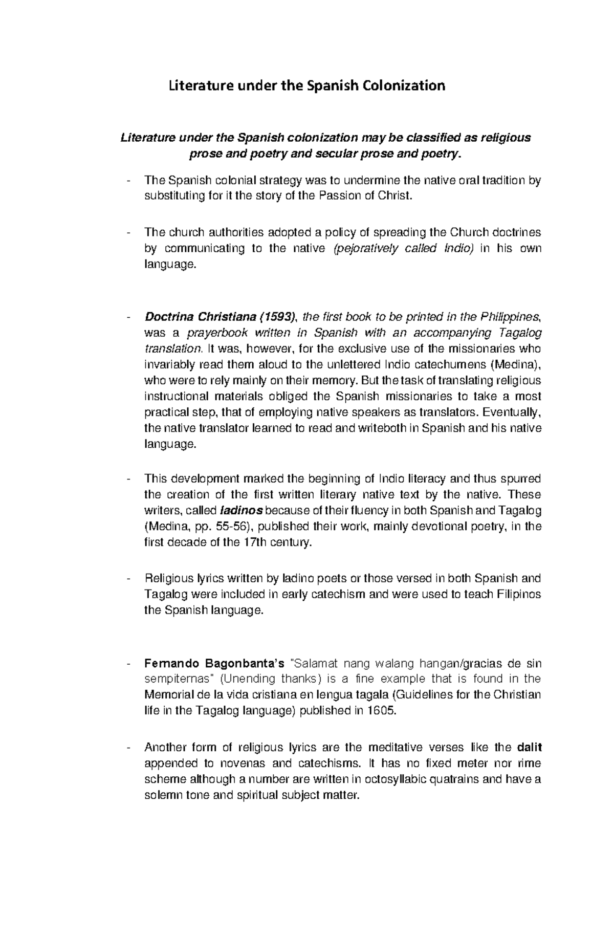 Survey of Philippine Literature: Spanish Colonial Influence - Studocu