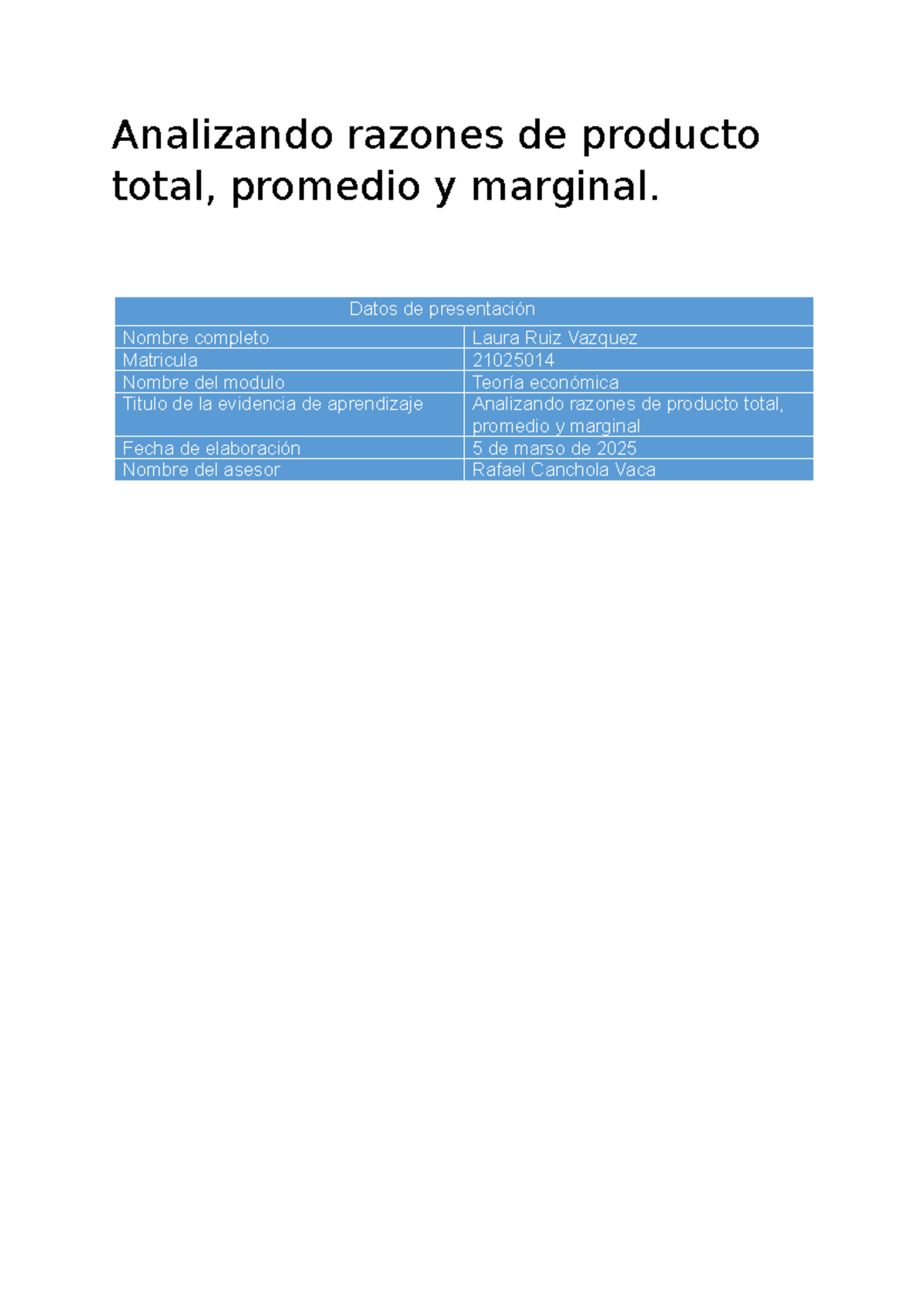 Análisis de Costos: Producto Total, Promedio y Marginal - TE 21025014 - Studocu