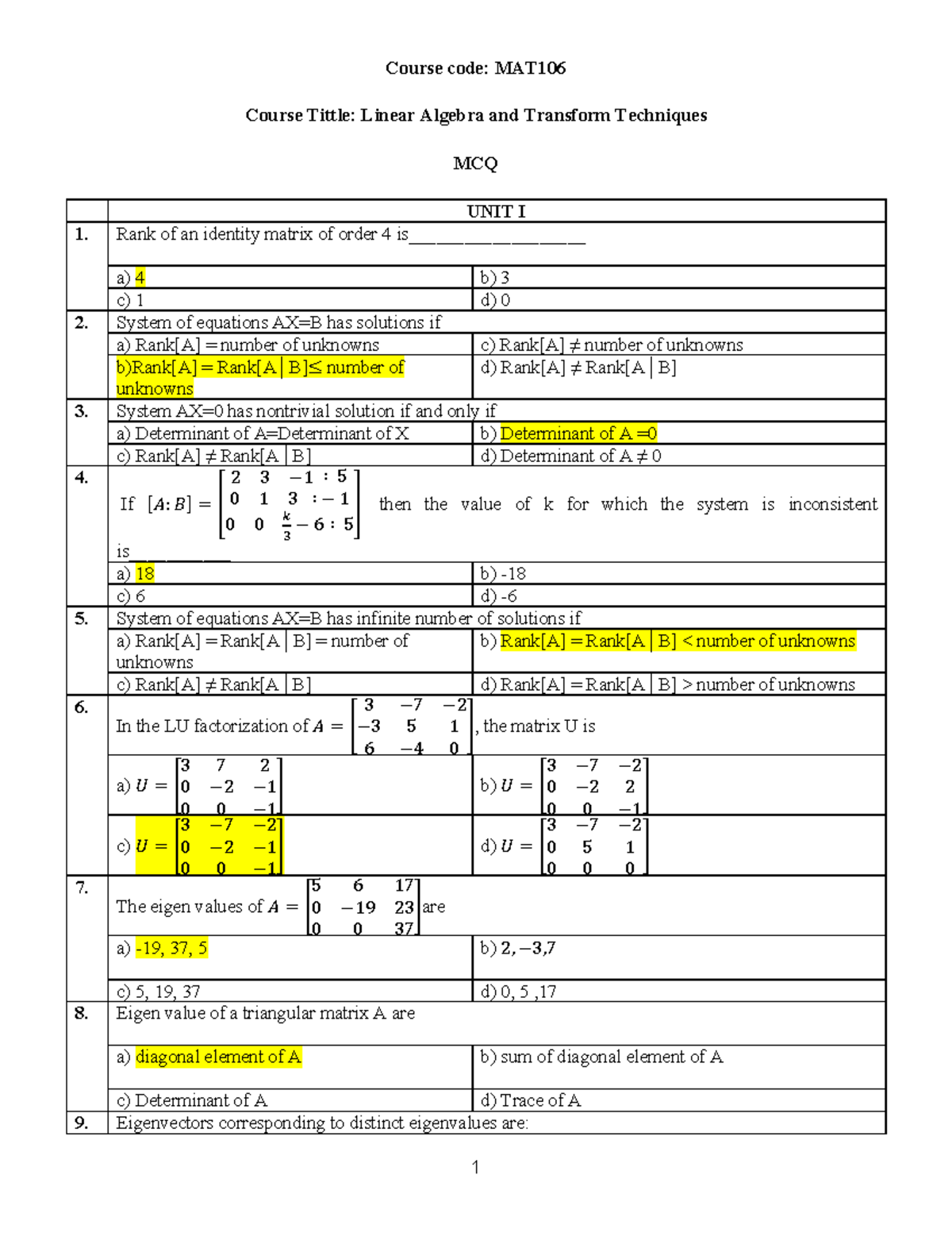 MAT106 Linear Algebra MCQs - Comprehensive Unit Review - Studocu