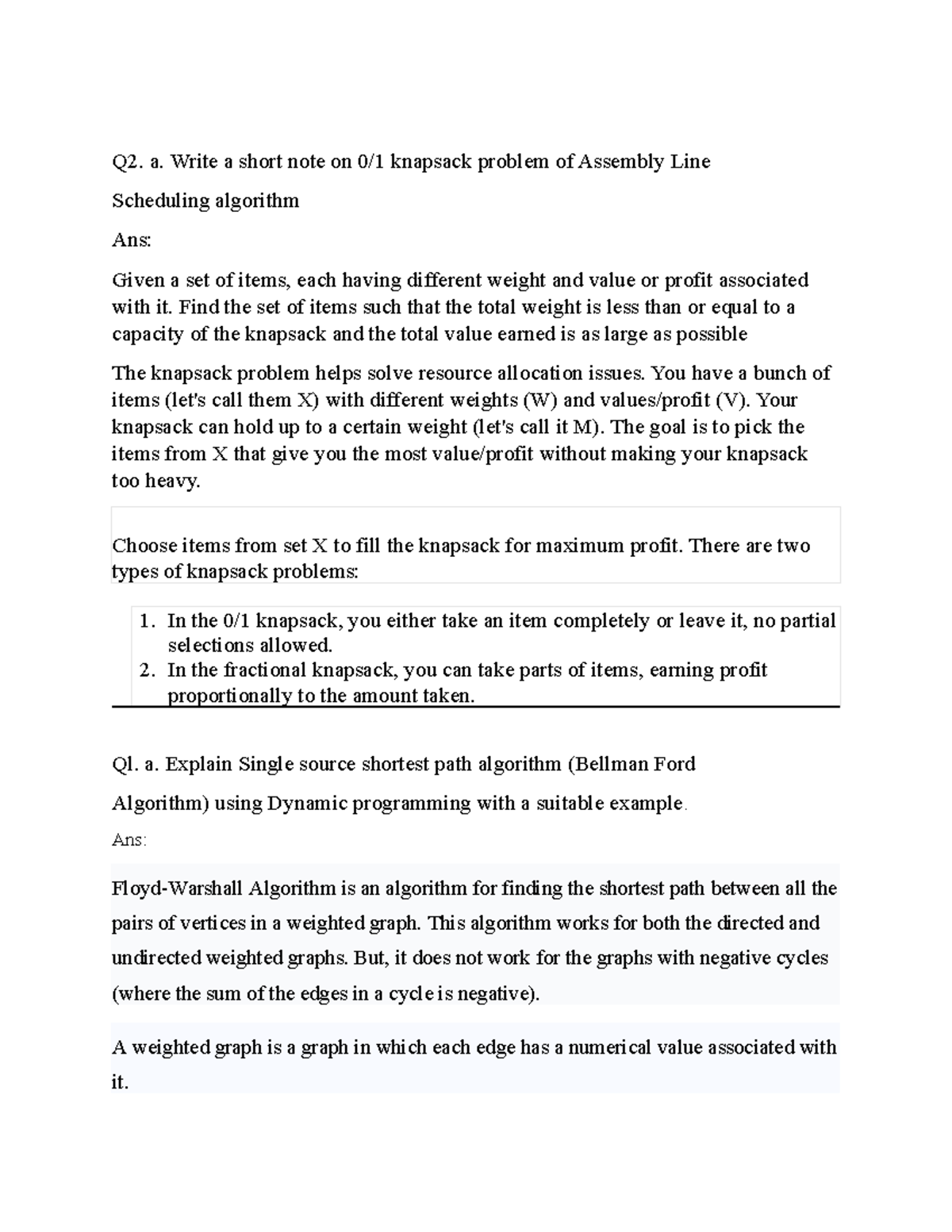 AOA VIVA Questions - 0/1 Knapsack & Floyd-Warshall Algorithm - Studocu