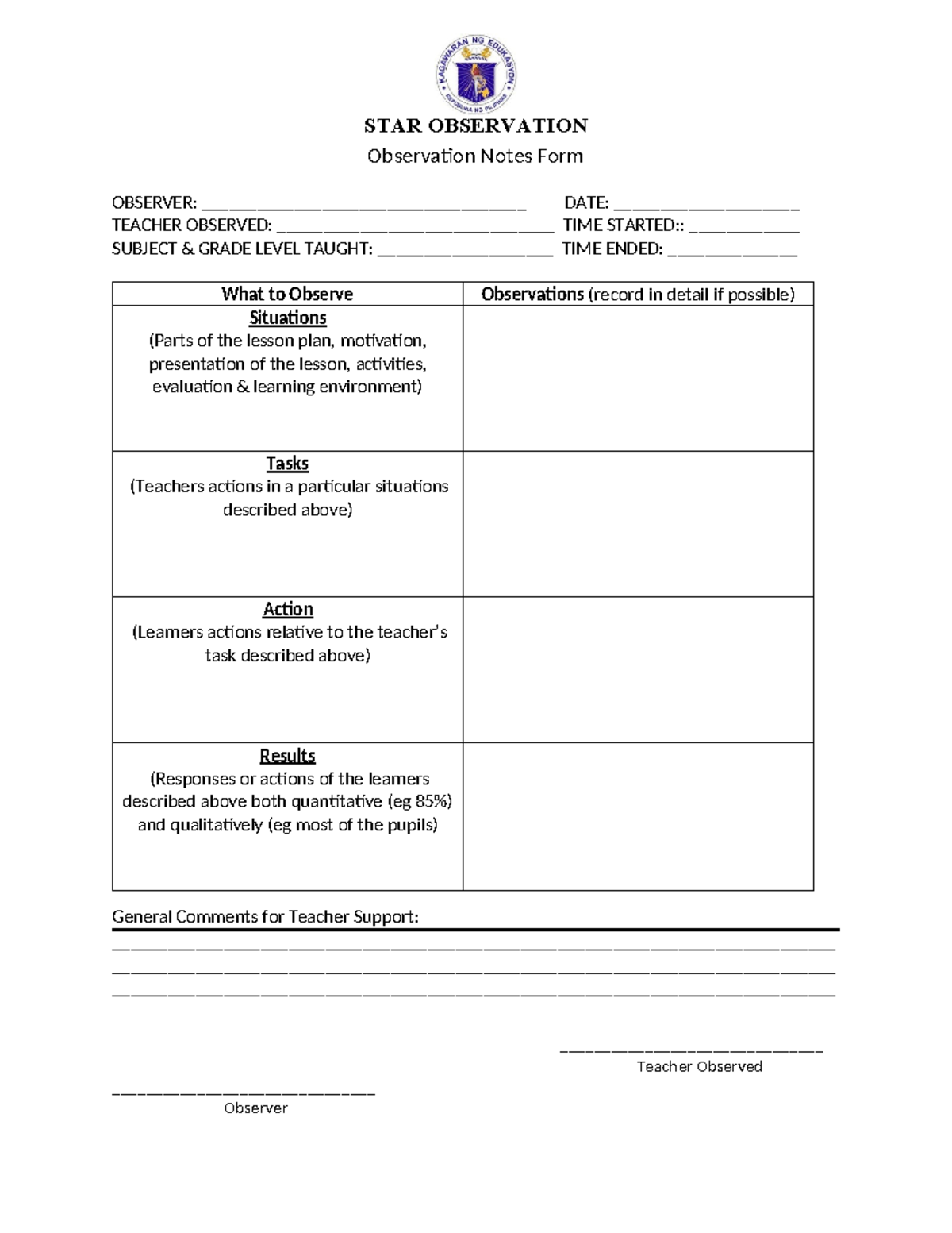 638028678 Revised STAR Observation Notes Blank Form - STAR OBSERVATION ...