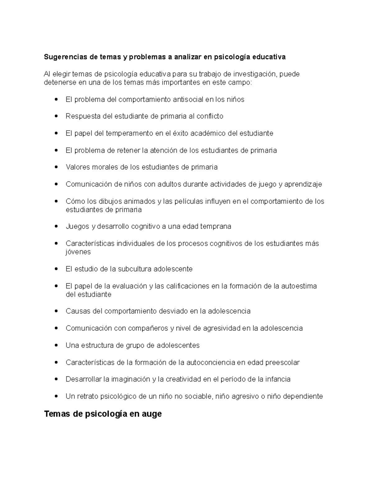 Sugerencias de Temas para Investigación en Psicología Educativa - Studocu