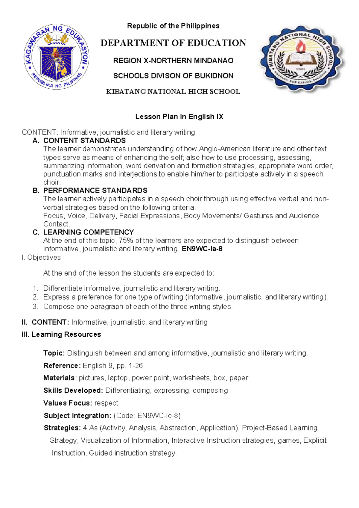 EN9WC-Ia-1 Lesson Plan: Differentiating Informative, Journalistic, and ...