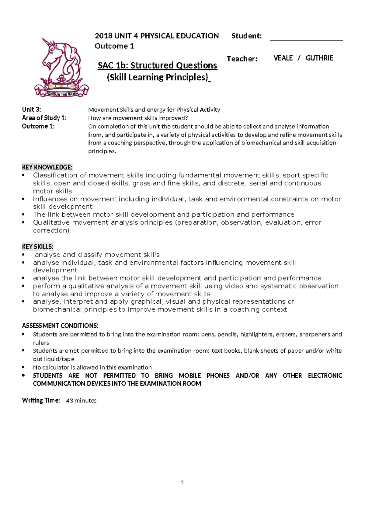 2018 PE UNIT 4 Outcome 1 SAC 1b: Skill Acquisition Practice Answers ...