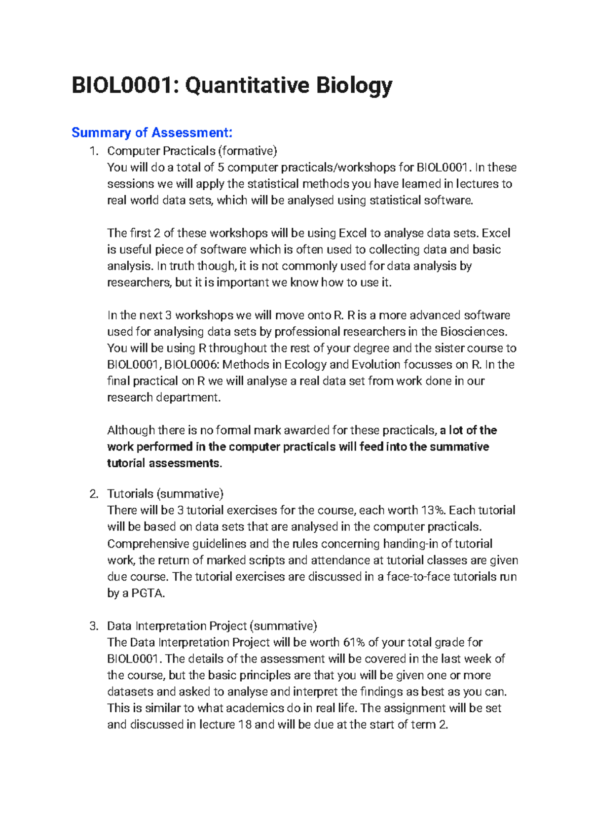 Quantitative Biology (BIO101) - Comprehensive Lecture Notes Summary ...