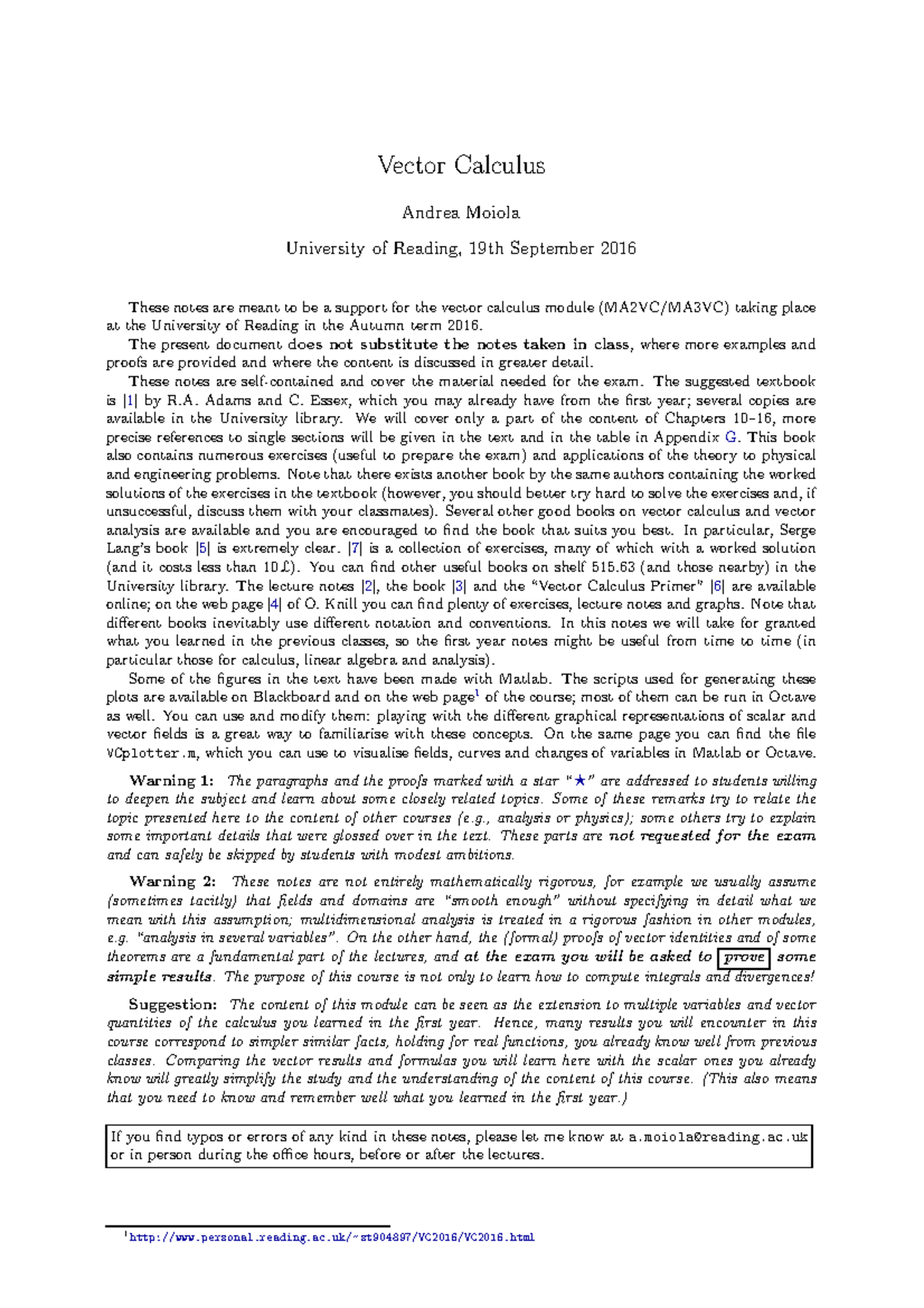 Vector Calculus Lecture Notes 2016 - Vector Calculus Andrea Moiola ...