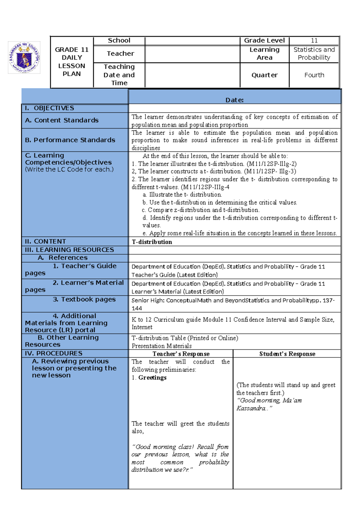 Lesson Plan on T-Distribution (M11/12SP-Illg-2/3) for Grade 11 ...