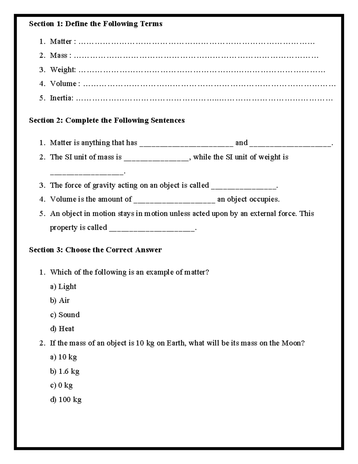 Science worksheet for grade 7 about matter - Section 1: Define the ...