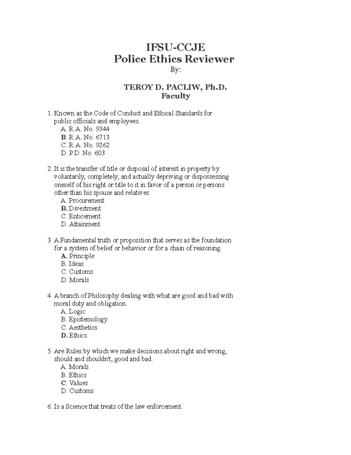 Police Ethics Review - IFSU-CCJE by Teroy D. Pacliw, Ph.D - Studocu