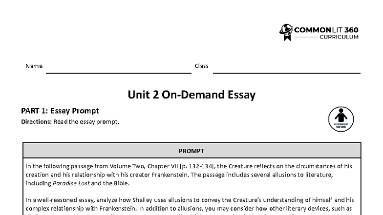 23. 12G Unit 2 On-Demand Essay: Analyzing Allusions in Frankenstein ...