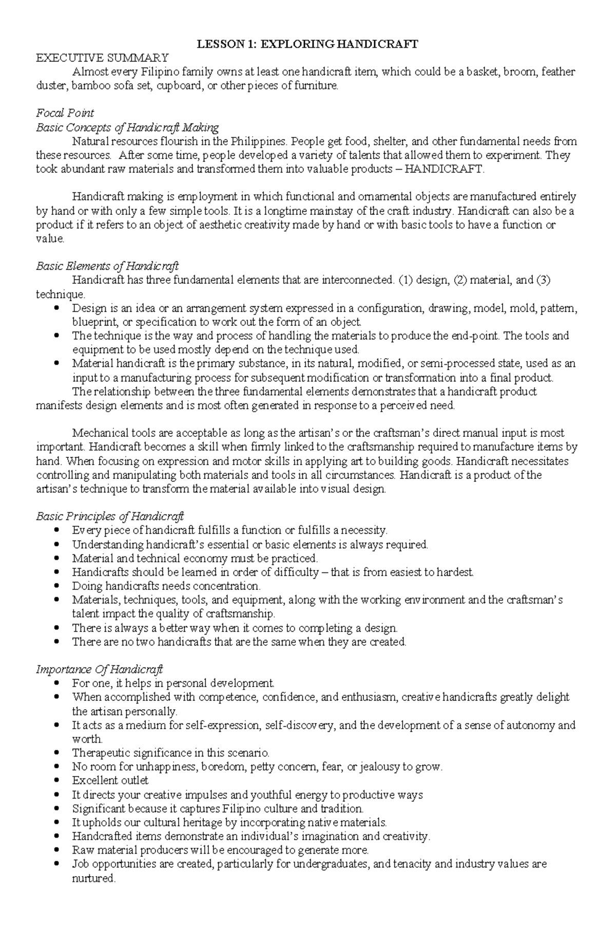 Handicrafts in Education: A Summary for Bachelor of Elementary Ed ...
