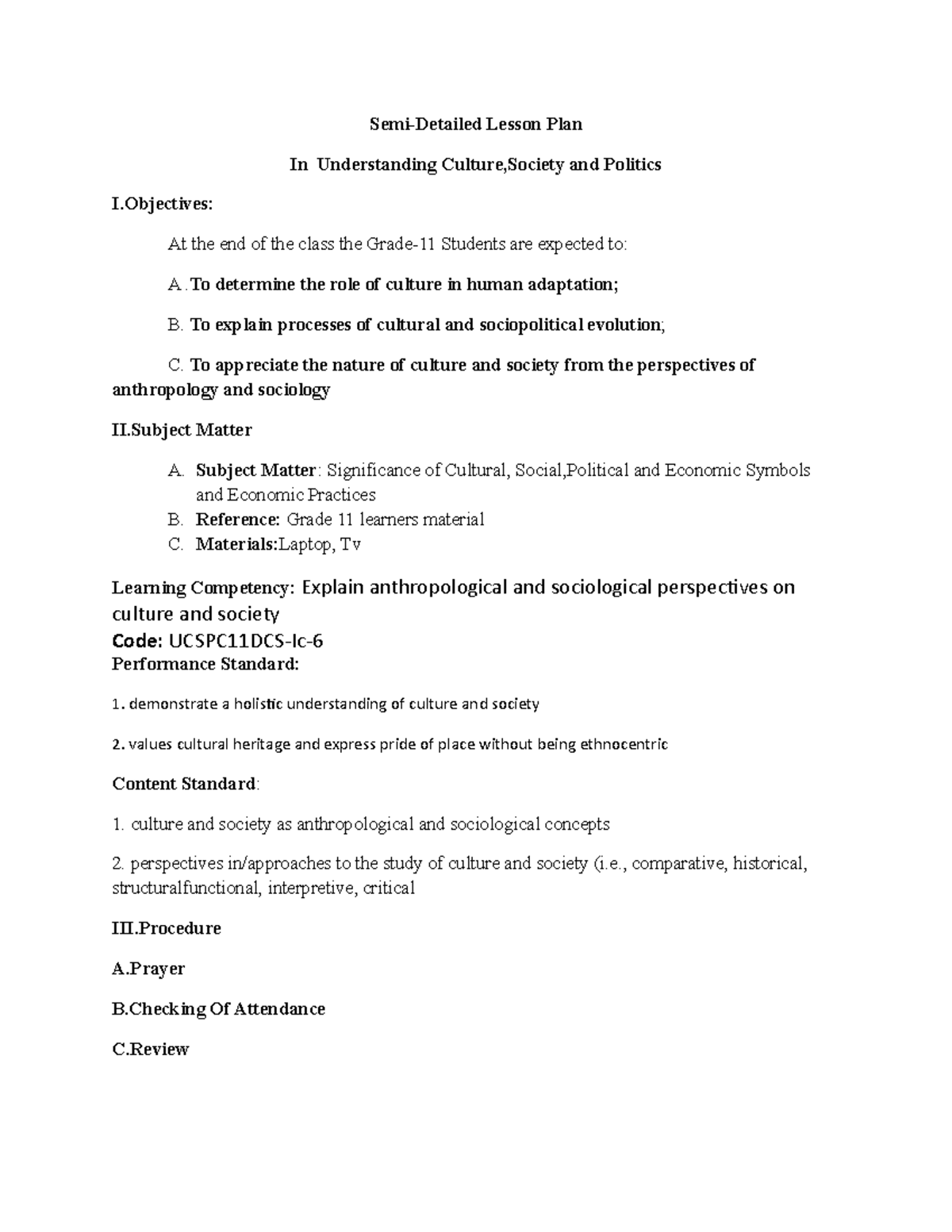Lesson Plan: Understanding Culture, Society & Politics (UCSPC11DCS-Ic ...