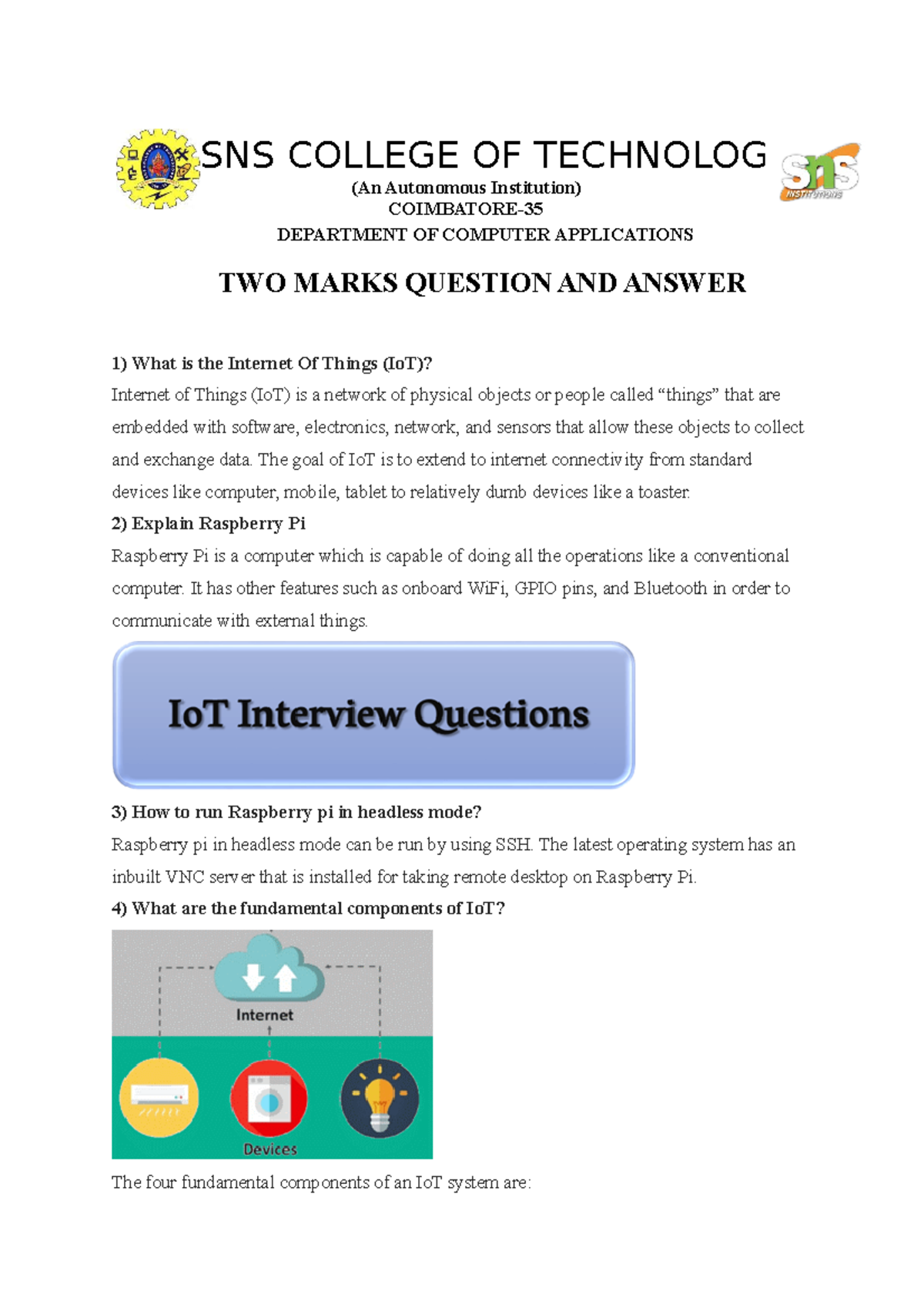 IoT 2 Marks Q&A: Key Questions on Internet of Things Basics - Studocu