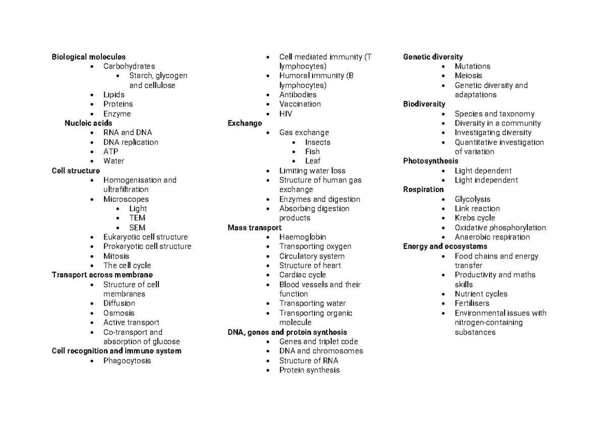 AQA A Level Biology: Comprehensive Topic Checklist for Review - Studocu