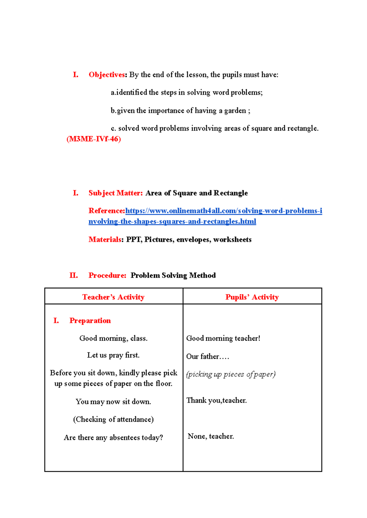 Area of Square and Rectangle: Problem Solving Method Lesson Plan - Studocu