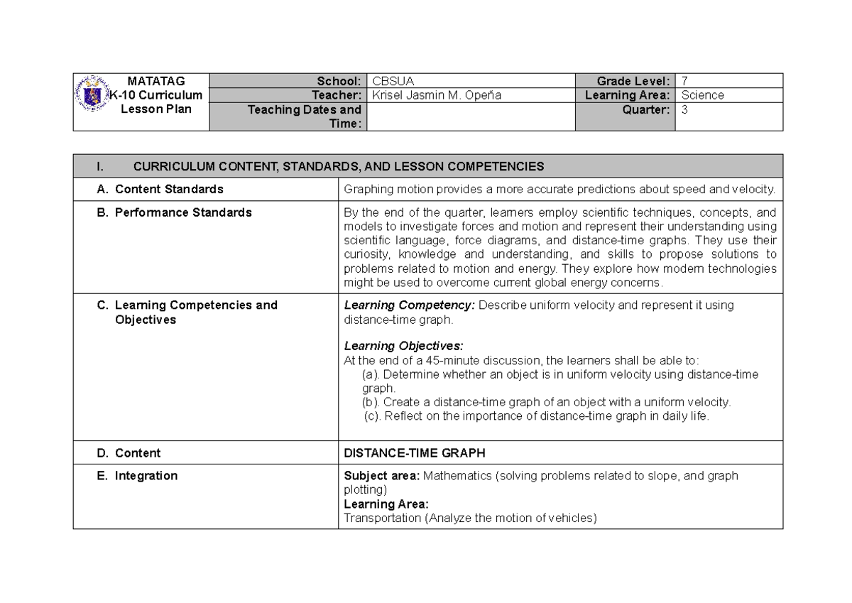 Lesson Plan: Understanding Distance-Time Graphs for Grade 7 (Science ...