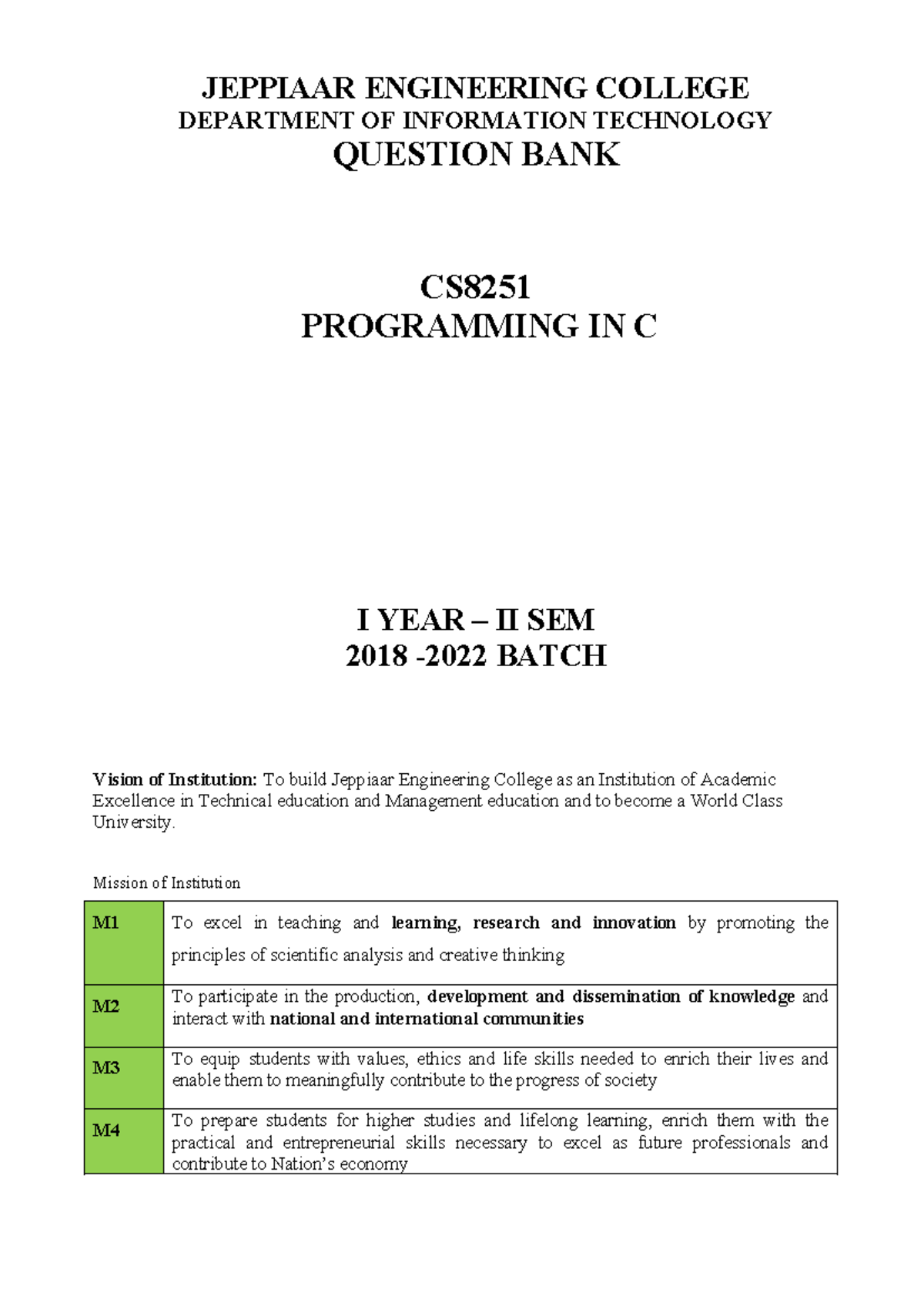 CS8251 Programming in C - Question Bank for I Year II Sem 2018 Batch ...