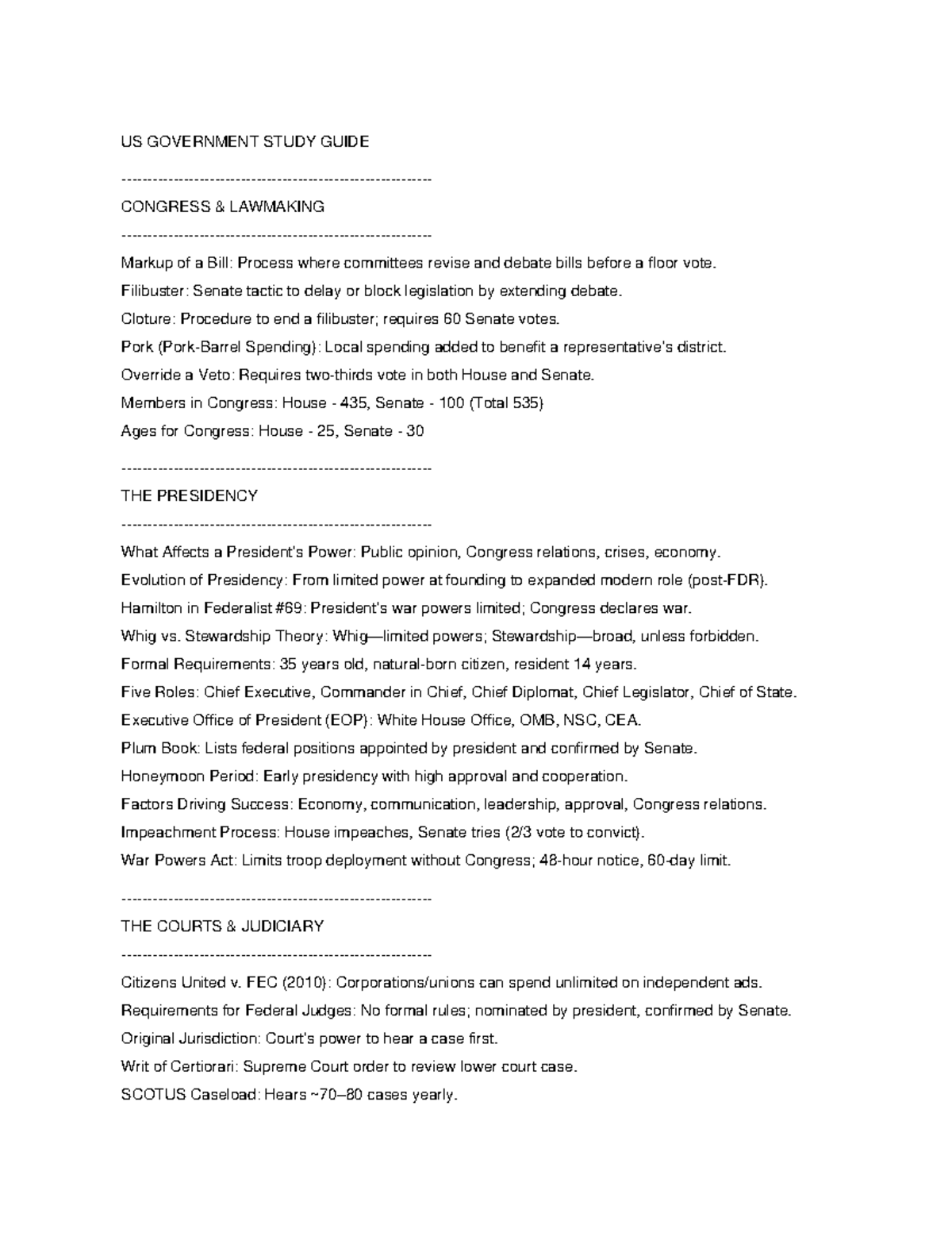 US GOVT STUDY GUIDE: Congress, Presidency & Judiciary Overview - Studocu
