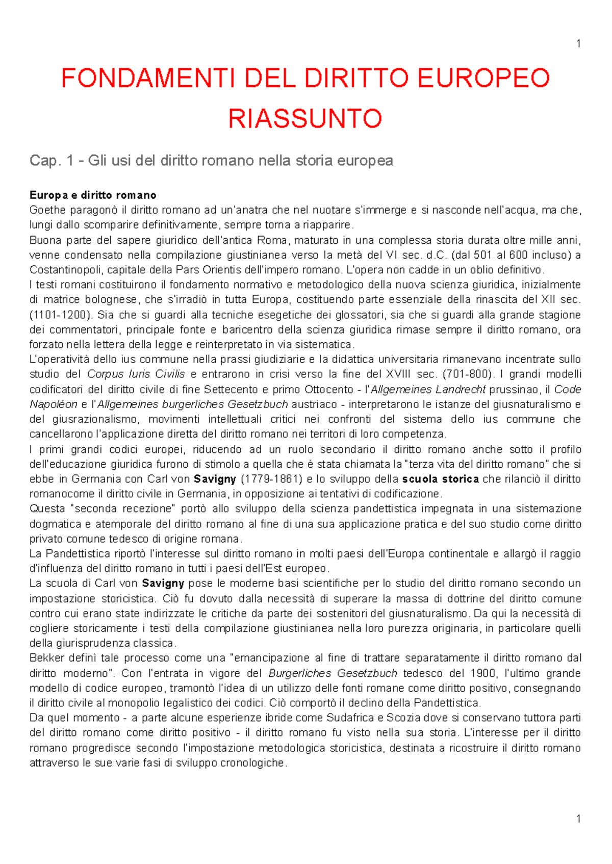 Fondamenti del Diritto Europeo - Riassunto Cap. 1: Diritto Romano e ...