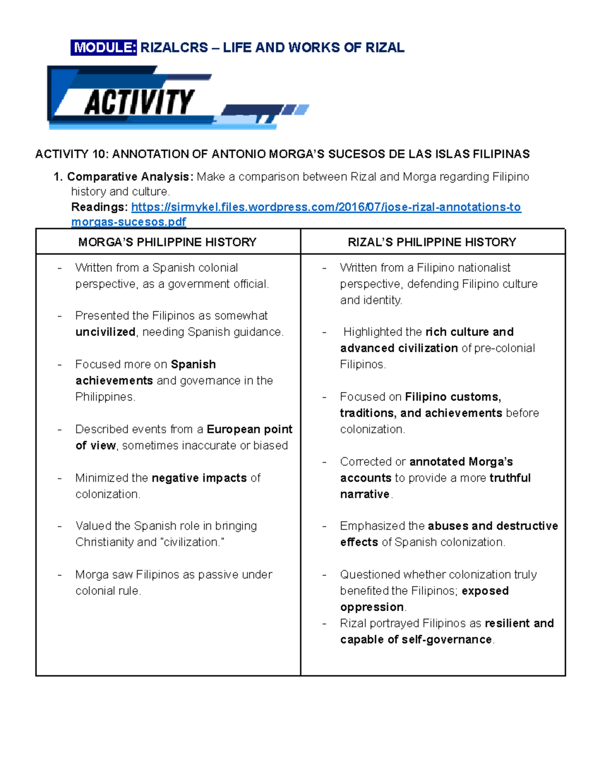RIZALCRS: Activity 10 - Comparative Analysis of Rizal and Morga - Studocu